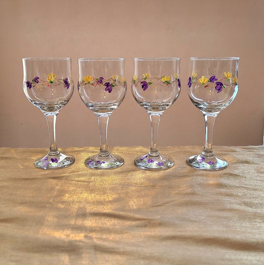 Hand Painted Floral Design Wine Goblets Set of 4 Stemmed Glasses ...