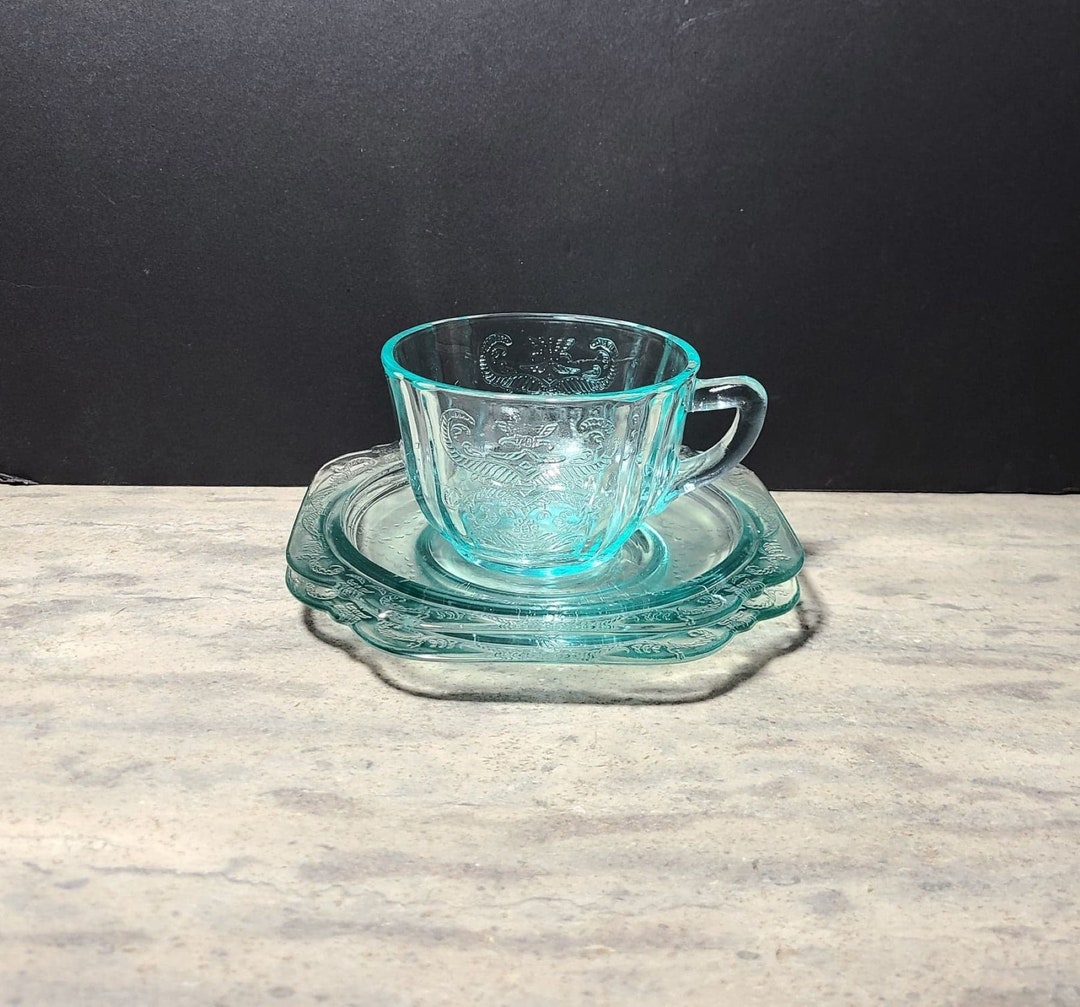 Vintage Indiana Depression Glass Tea Cup 2 Saucers Teal Blue Madrid ...