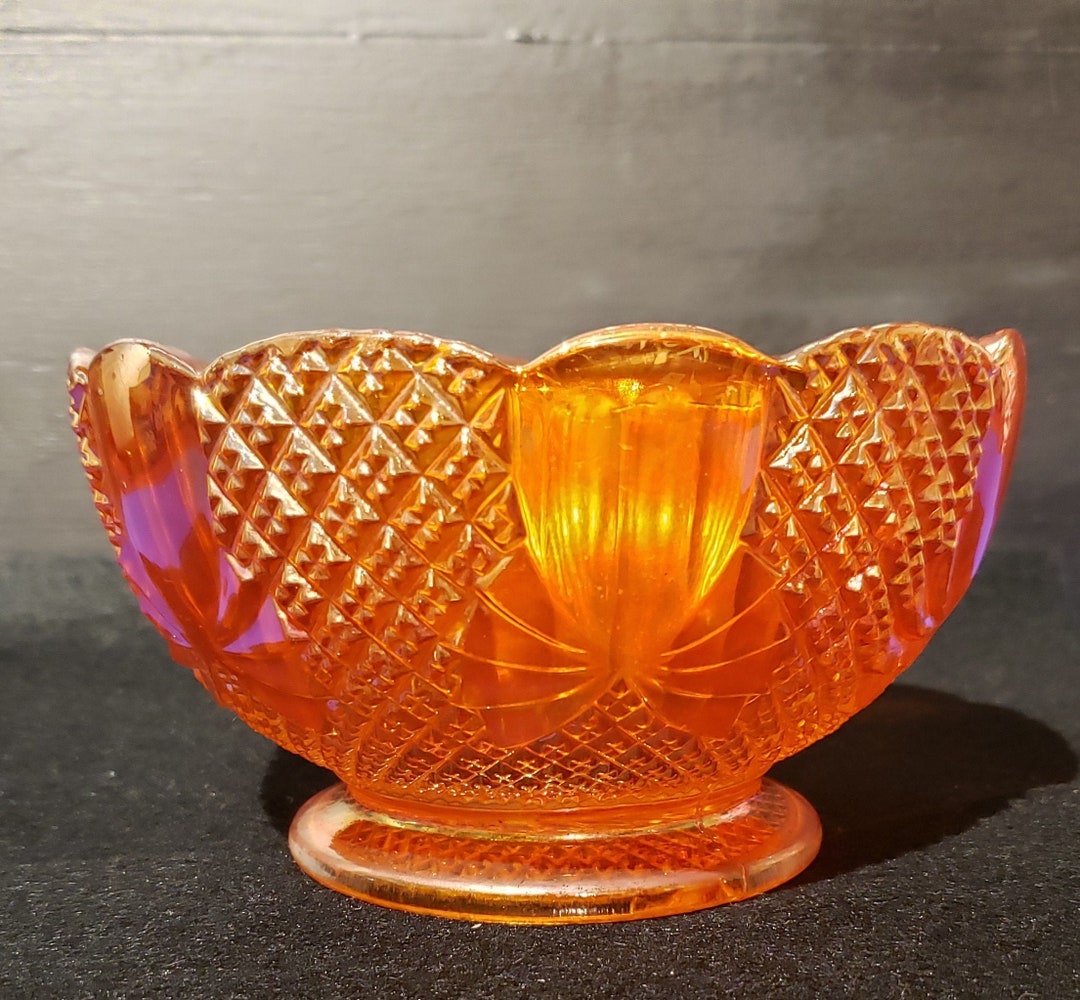 Carnival Glass Footed Bowl by Sowerby, Orange Peach Iridescent Luster ...