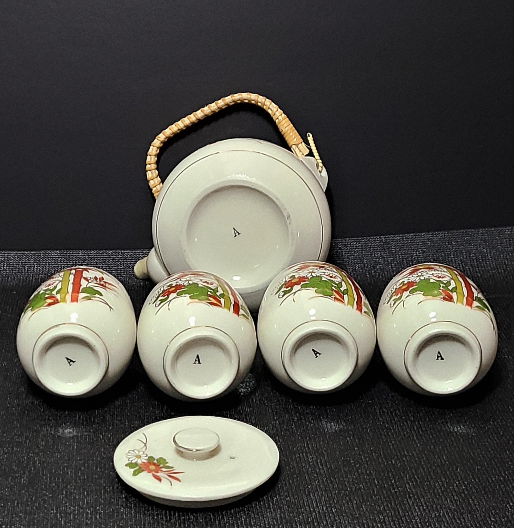 Mint Oriental Tea Set With Bamboo Design Wicker Handle and 4 - Etsy.de