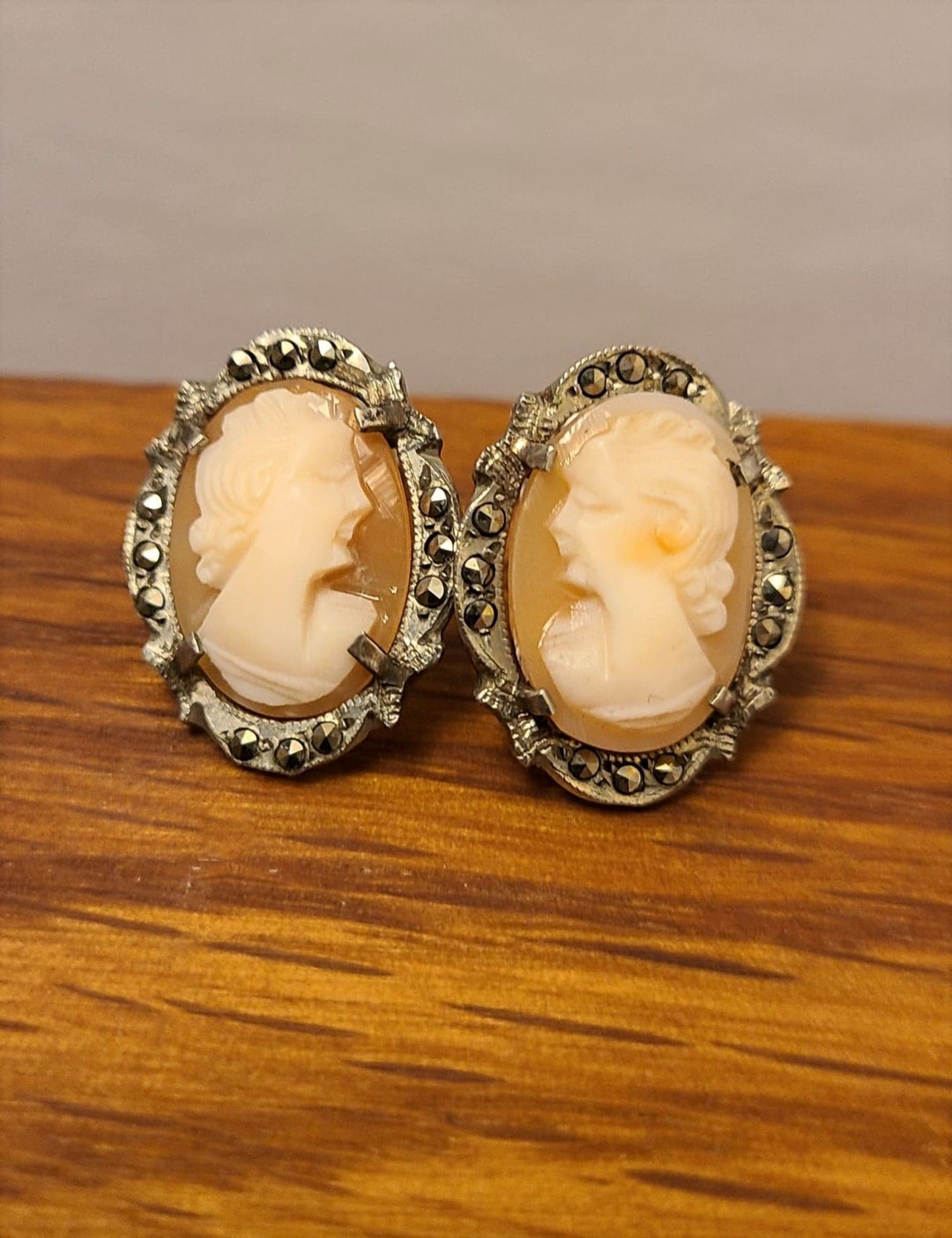 Helmut Shell Hand Carved Cameo Earrings Oval Marcasite Mounted Screw ...