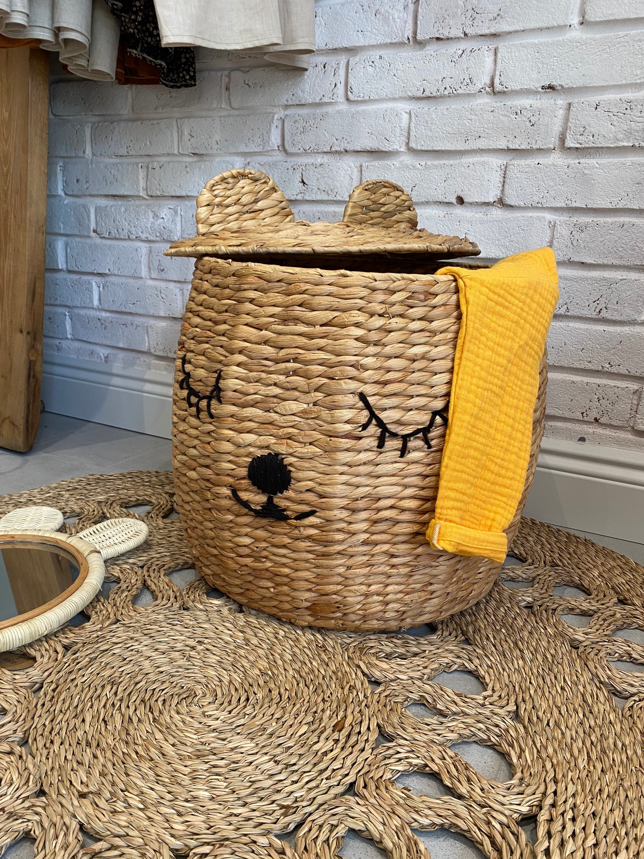 Large toy storage basket. Bear storage basket. Boho kids room wicker basket with lid