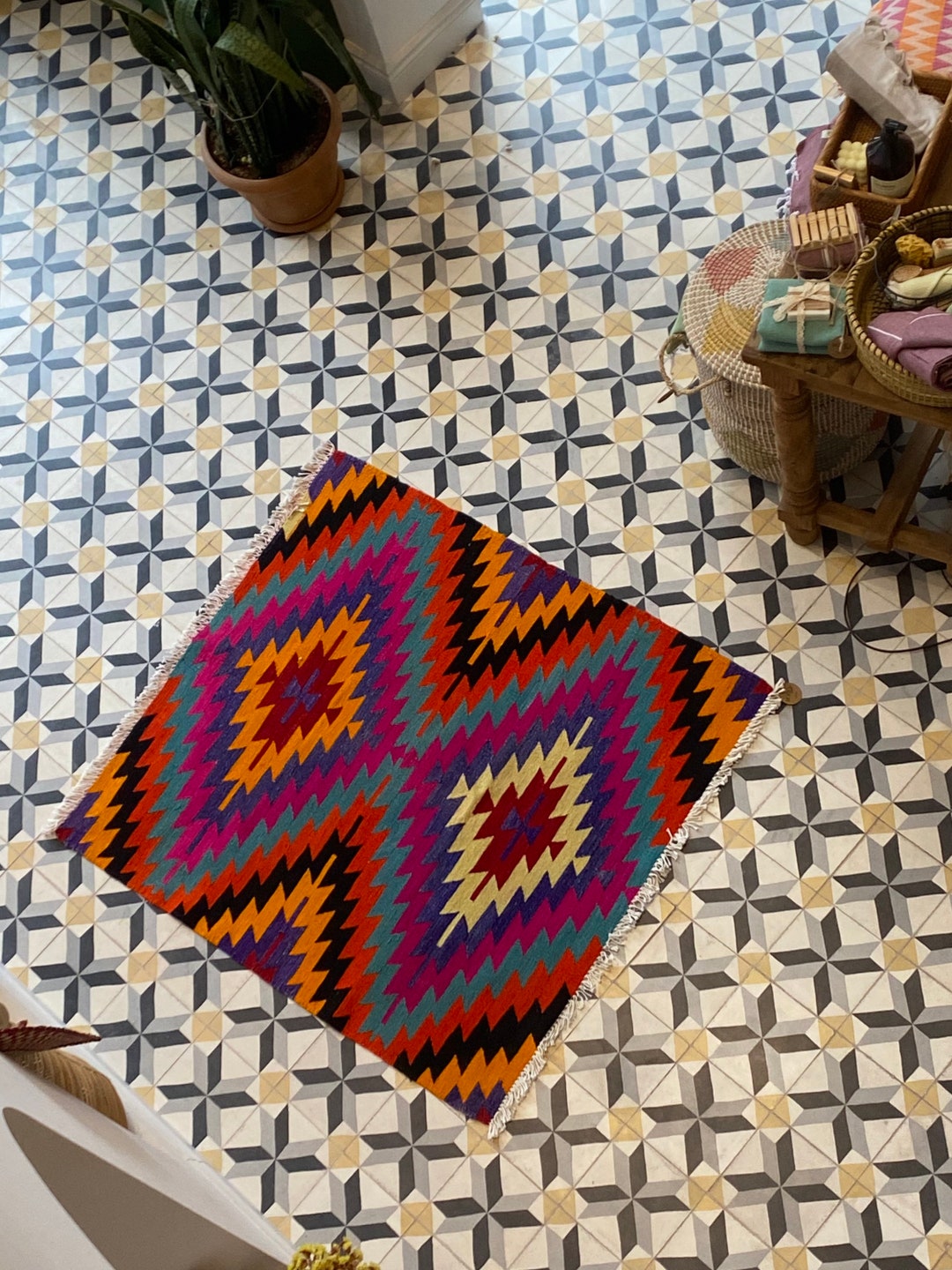 Square Pink Rug, Colorful Vintage Rug, Bright Kilim Rug. Kaleidoscope ...