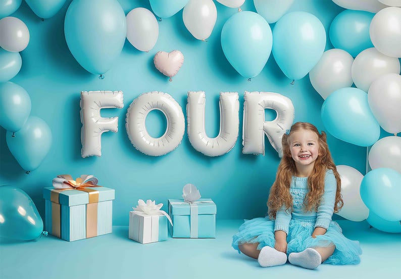 Fourth Birthday Backdrop for Baby Girl and Boy Sitting on the Balloons ...