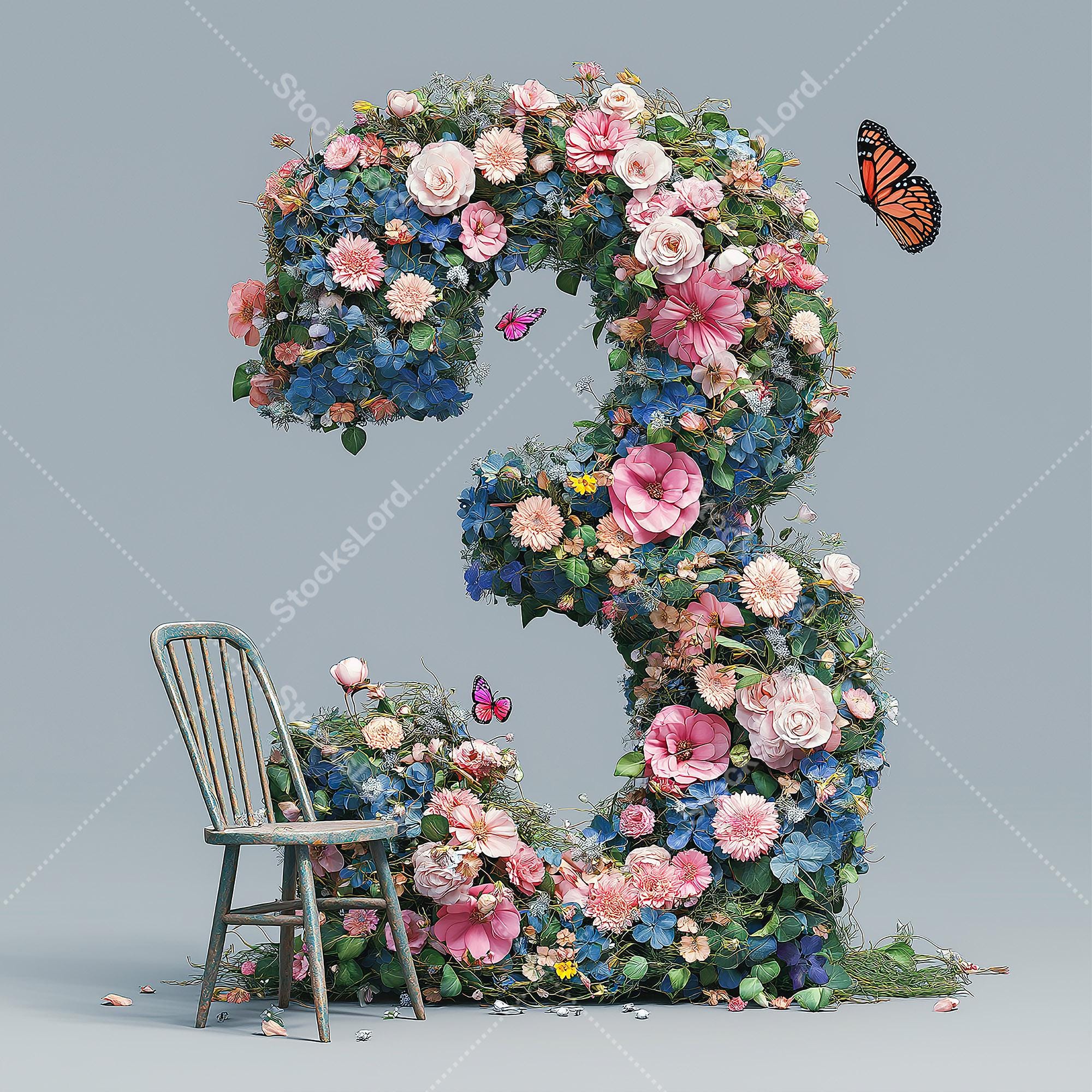 Floral Number Three Birthday Backdrop, Girl 3rd Birthday (digital ...