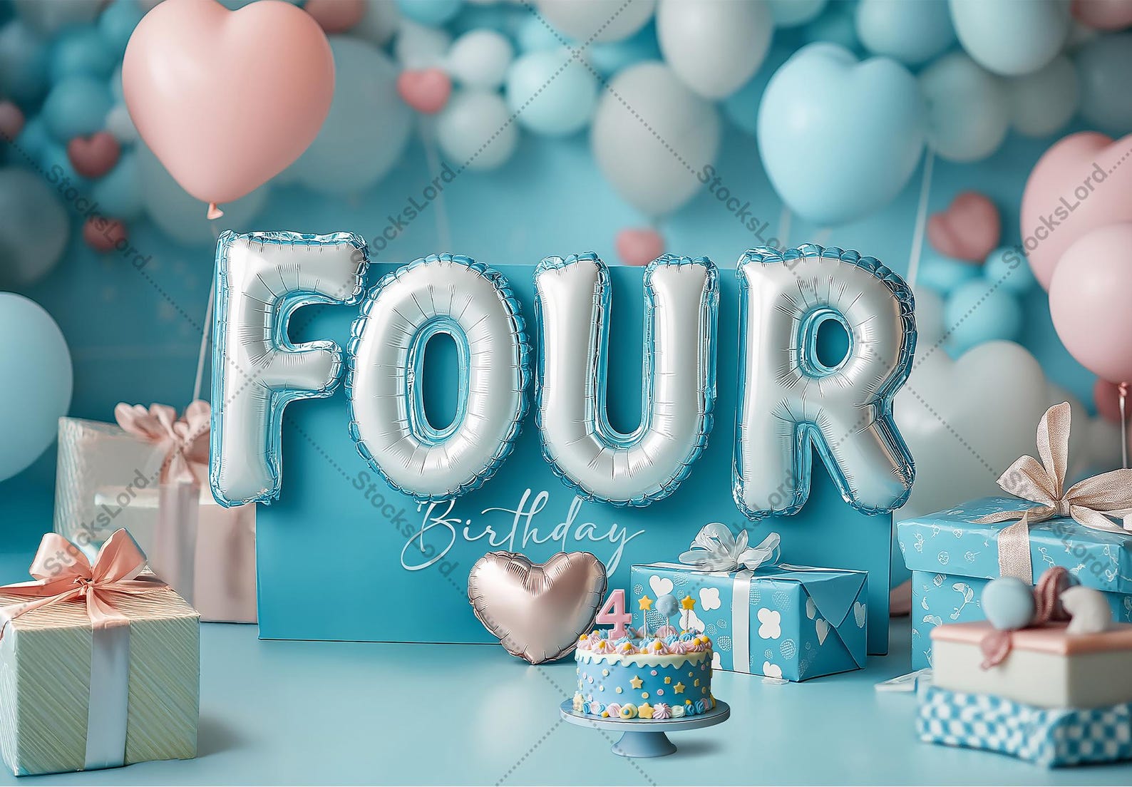 Fourth Birthday Backdrop for Baby Girl and Boy Sitting on the Balloons ...