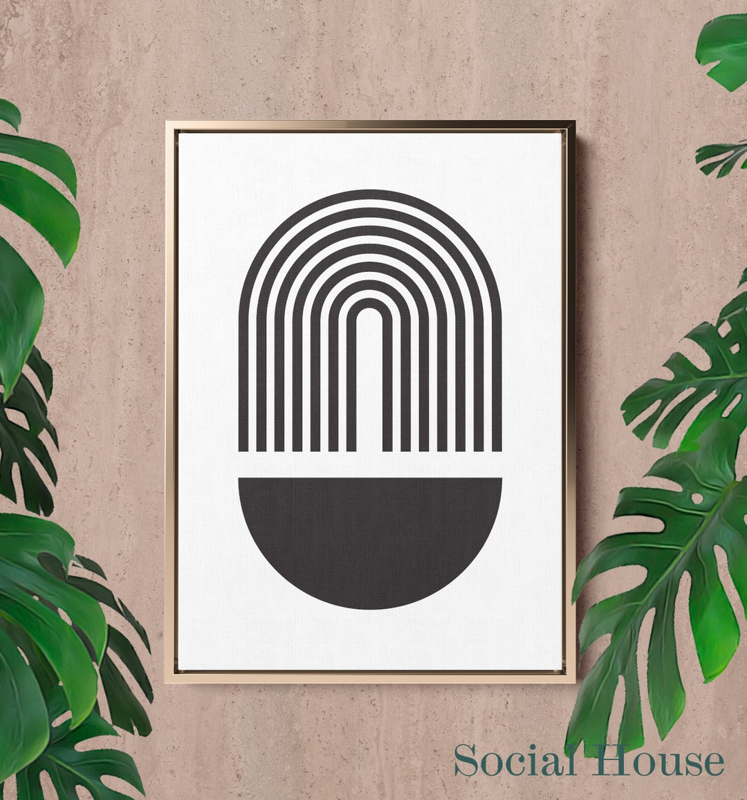 Mid Century Modern Minimalist Print Black and White Woodblock Geometric ...