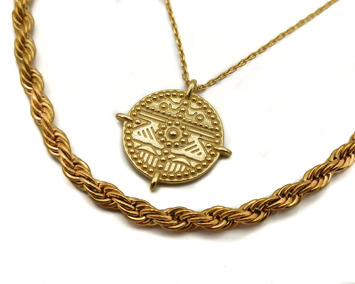 Aztec Coin Pendant Necklace in Sterling Silver With Gold Rope - Etsy