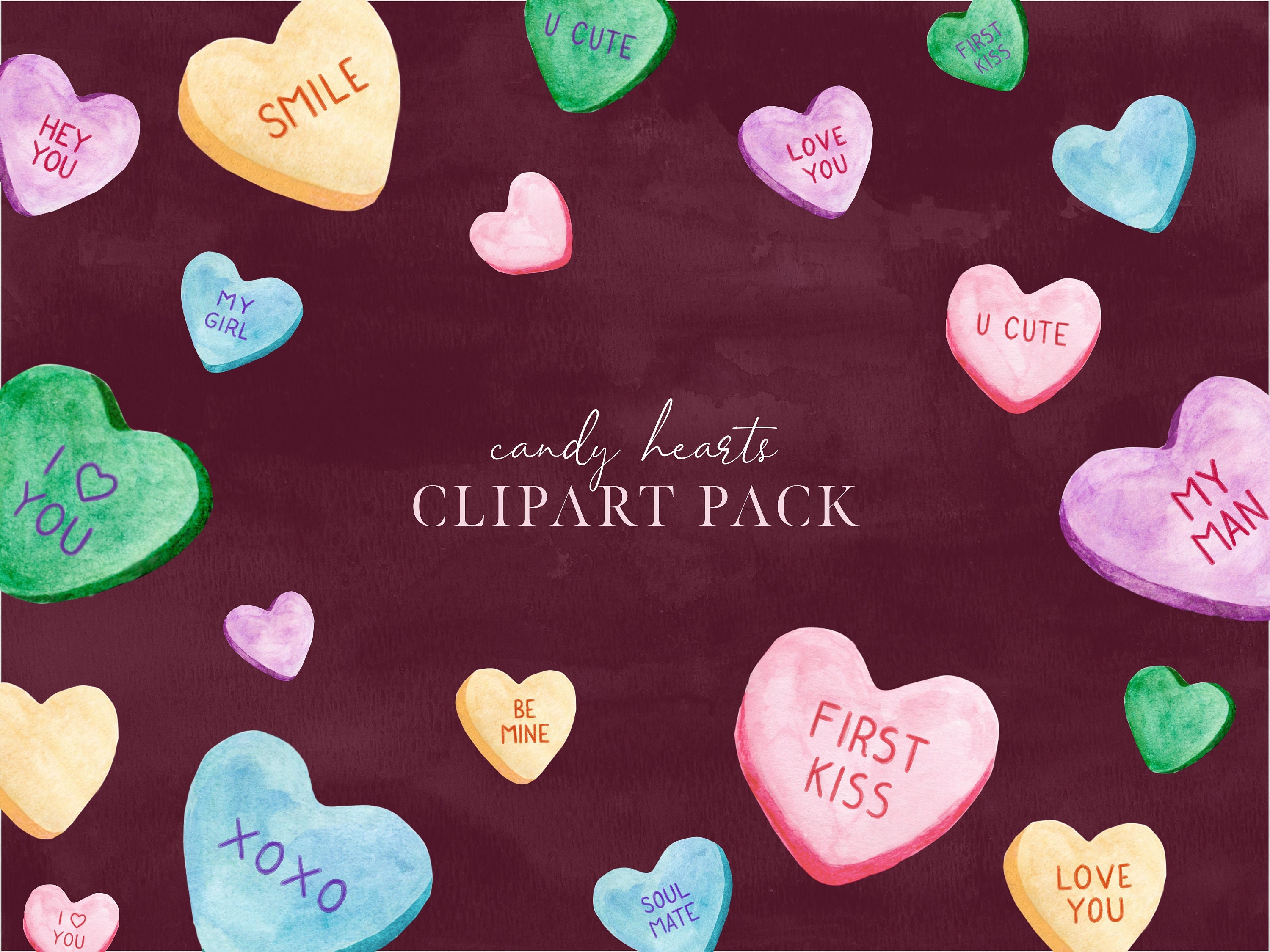 Candy Hearts Watercolor Clipart PNG Conversation Hearts Clipart ...