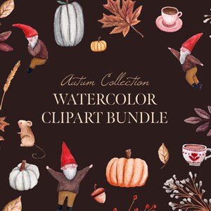Fall Watercolor Clipart PNG Bundle Hand-painted Autumn Leaves, Gnomes ...