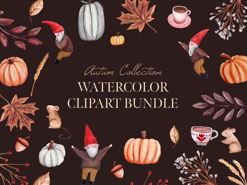 Fall Watercolor Clipart PNG Bundle Hand-painted Autumn Leaves, Gnomes ...
