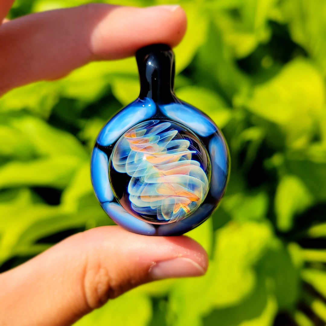 Blue Dotstack Fume Handblown Glass Wearable Pendant With Opal EDM Festival Merch - Etsy