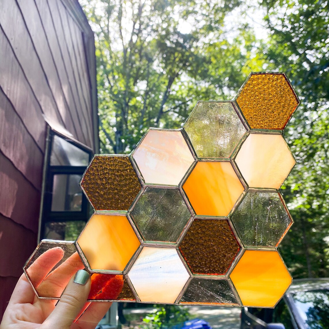 Honeycomb Iridescent Stained Glass Window Piece | Etsy