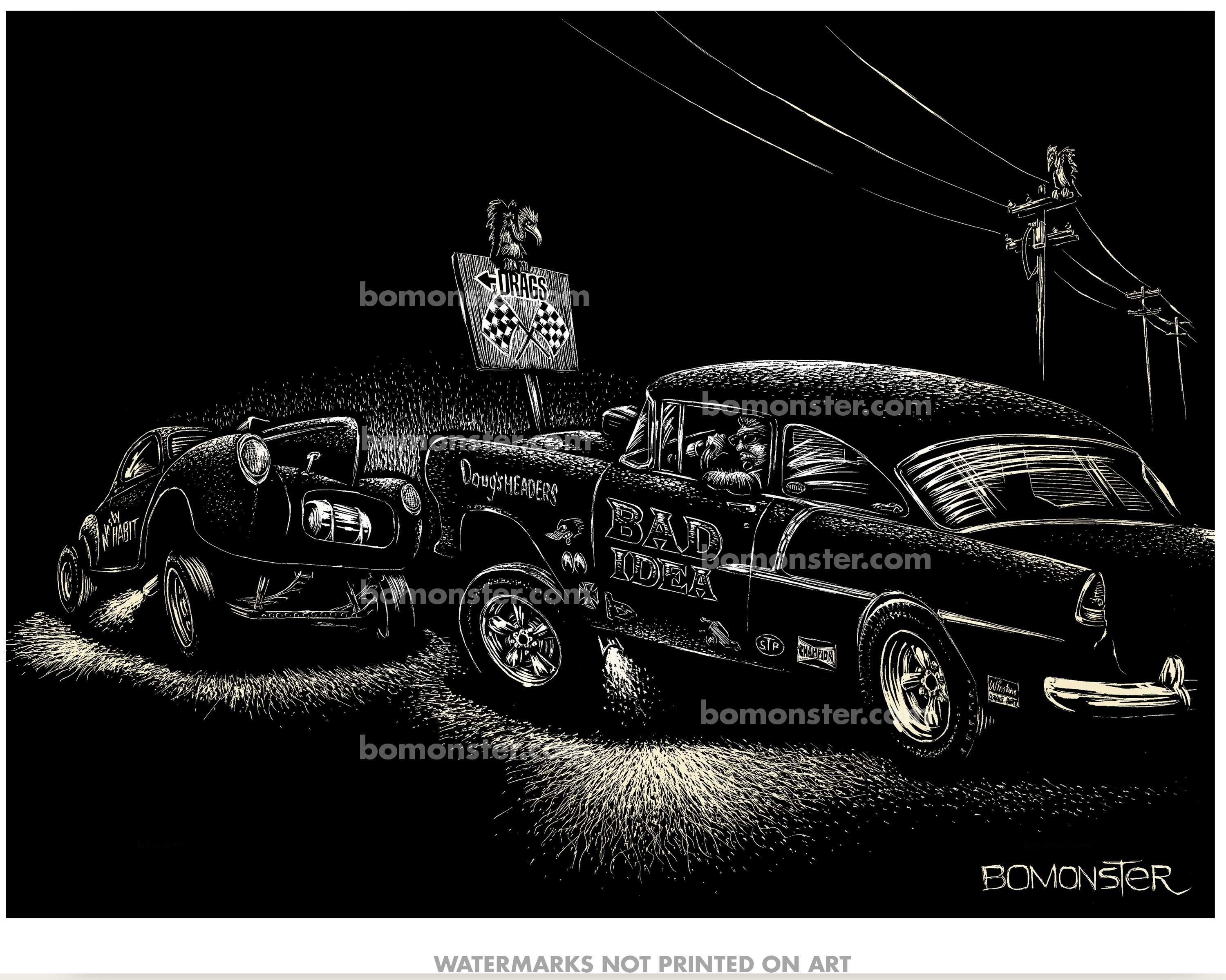 Drag Racing Signed Litho Art Print Bad Idea Etsy