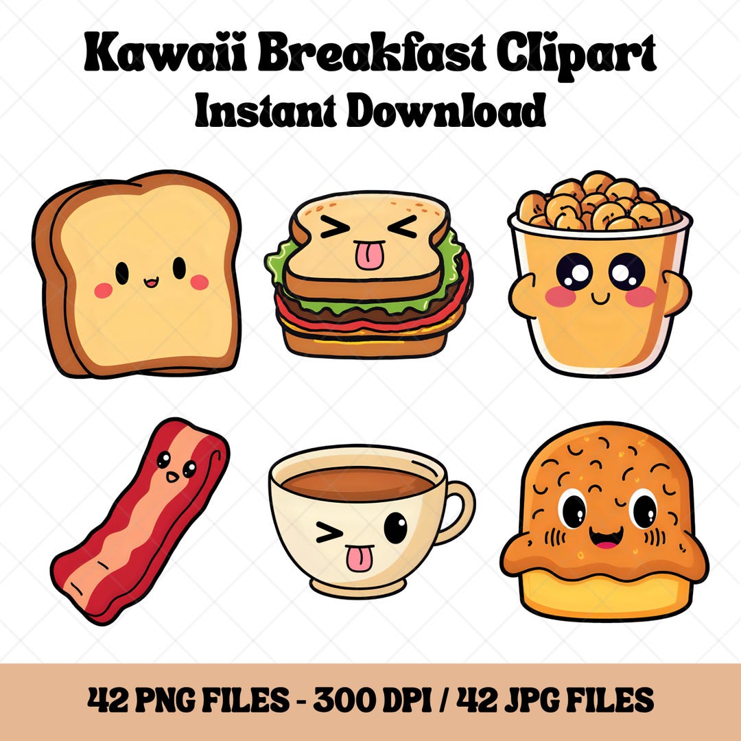 Kawaii Breakfast Clipart Bundle, Cute Breakfast Clipart, Breakfast ...