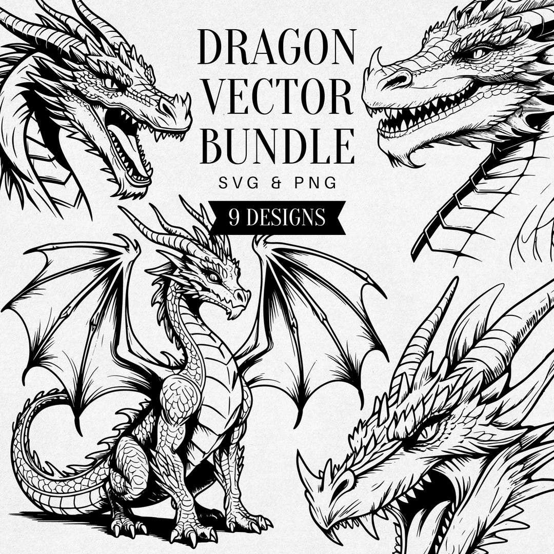 Vintage Dragon SVG Bundle, Realistic Fantasy PNG Clipart, Mythical ...