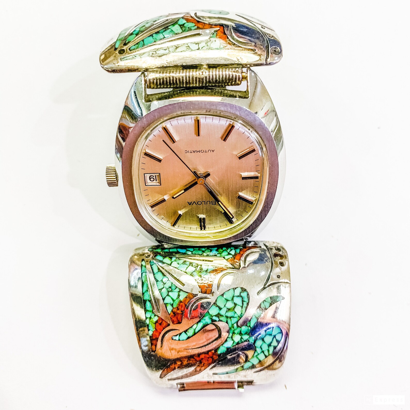 Vintage Bulova Automatic Watch With Silver Southwest Native American ...