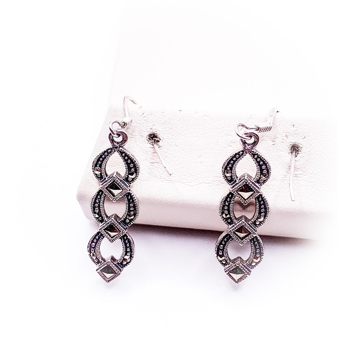 Sterling Silver Drop Down Marcasite Earrings - Etsy