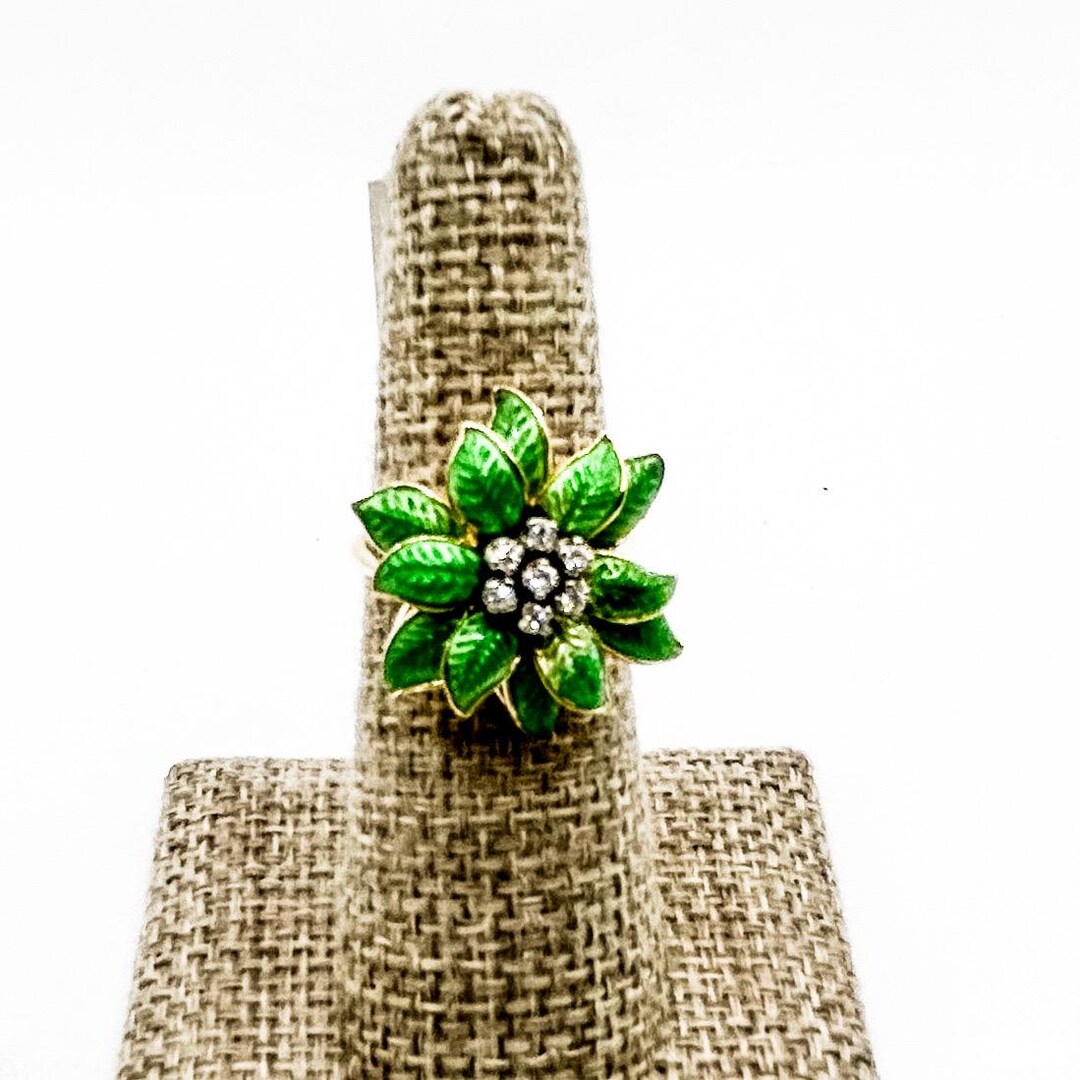 Estate 18k Yellow Gold Green Enamel Flower Ring With Diamonds Size 6 - Etsy