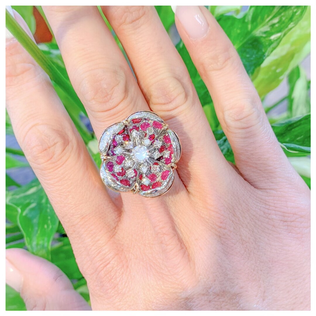 Vintage Amazing Diamond and Ruby Large Flower Ring 14k Rose Gold ...