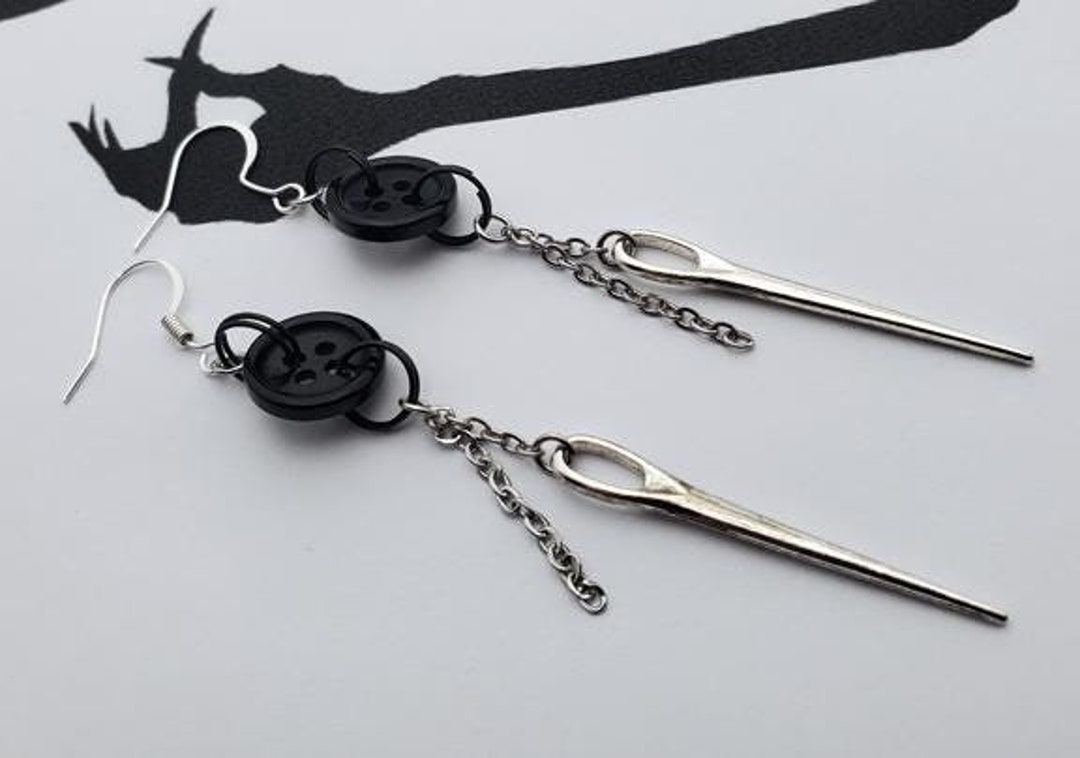 Coraline Black Button and Sewing Needle Earrings Hypo Allergenic Silver ...
