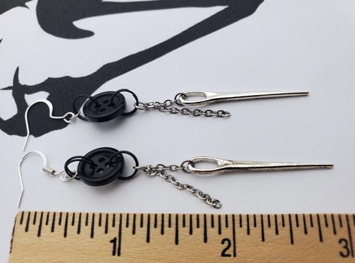 Coraline Black Button and Sewing Needle Earrings Hypo Allergenic Silver ...