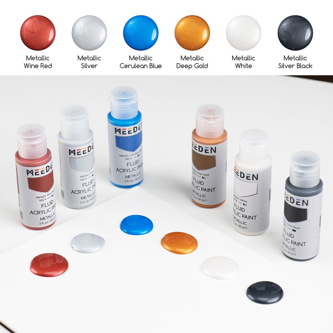 Meeden Fluid Metallic Acrylic Paint Set, 6 Vibrant Colors (2 Oz, 60 Ml ...