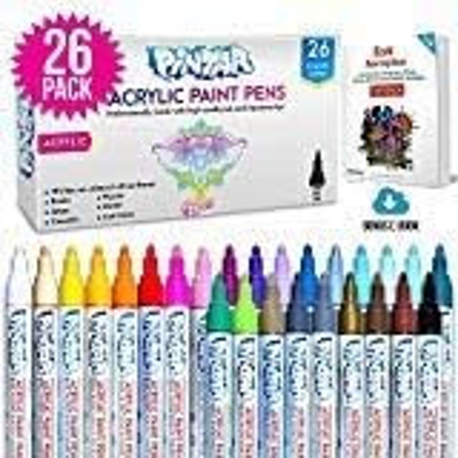 PINTAR Premium Acrylic Paint Pens 24 Pack Fine Tip Pens & 26 Colors ...