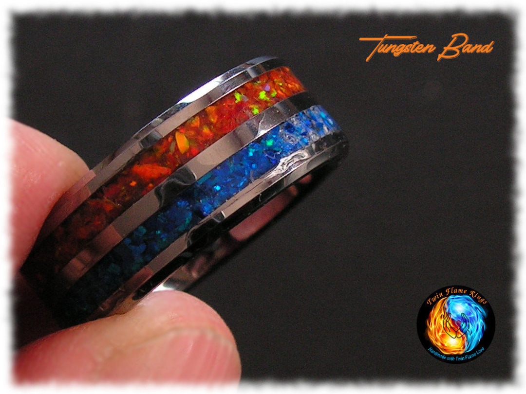 Fire and Ice Ring | Orange and Blue Opal | 8mm Tungsten Band | Twin ...
