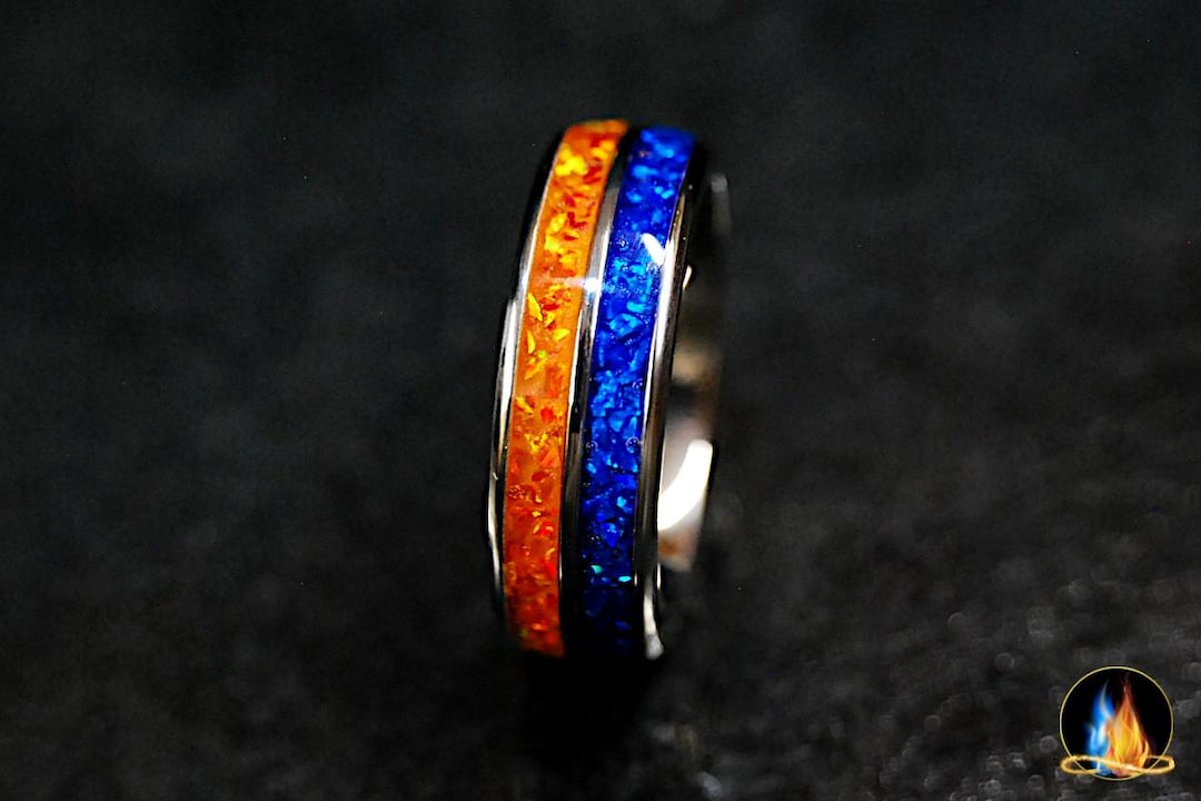 1111 Twin Flame Ring, Titanium 8mm, Fire Ice Opal Ring Orange Blue ...
