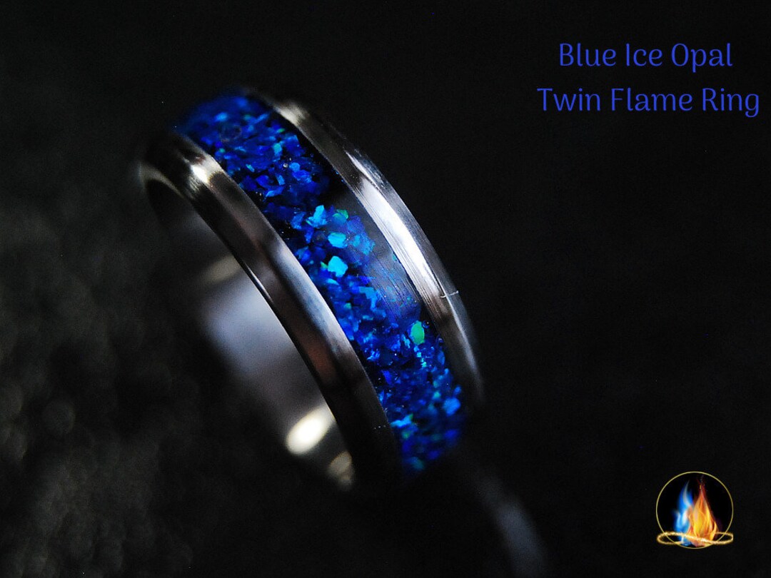 Blue Ice Opal Ring Stainless Steel 8mm Band, Blue Ray Twin Flame Rings ...