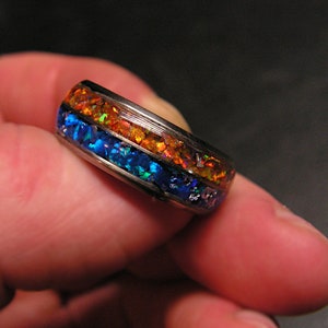 1111 Twin Flame Ring, Titanium 8mm, Fire and Ice Rings Orange Blue Opal ...
