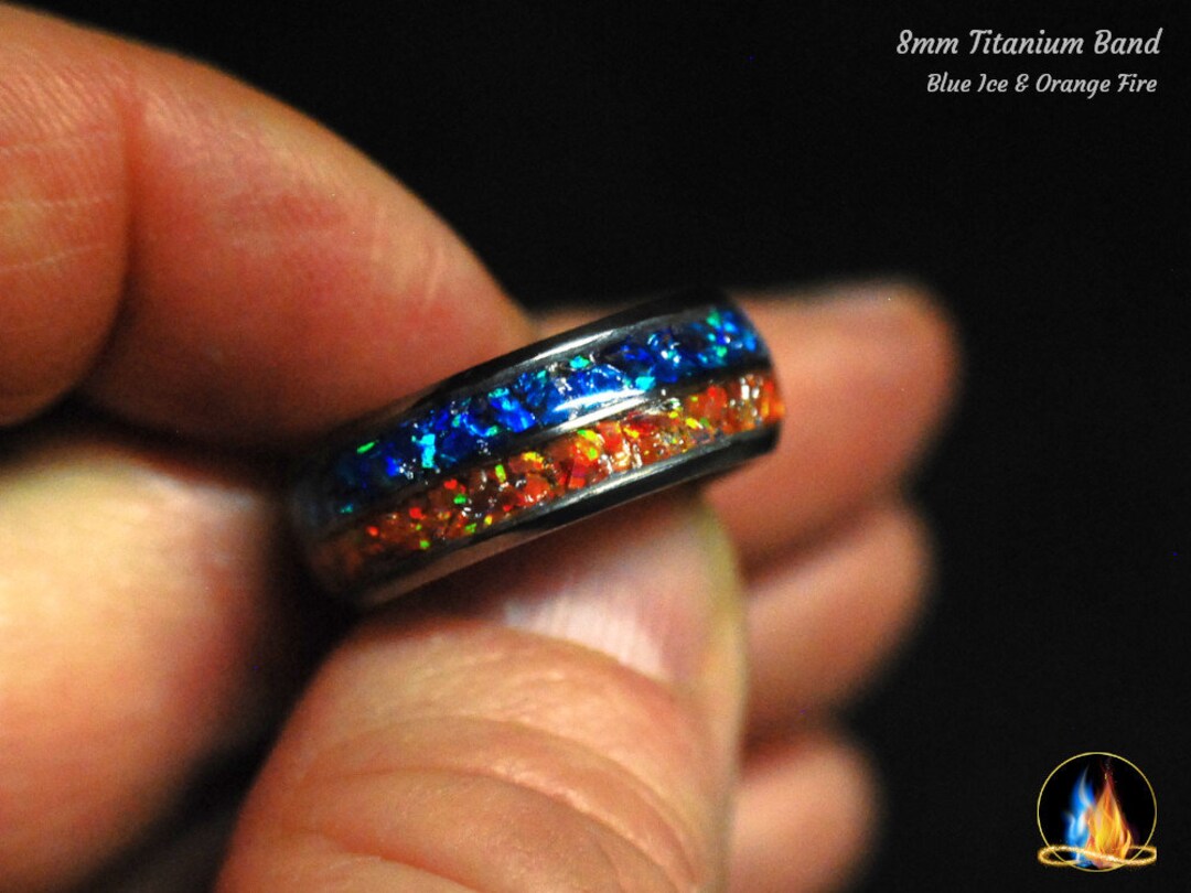 1111 Twin Flame Ring, Titanium 8mm, Fire and Ice Rings Orange Blue Opal ...