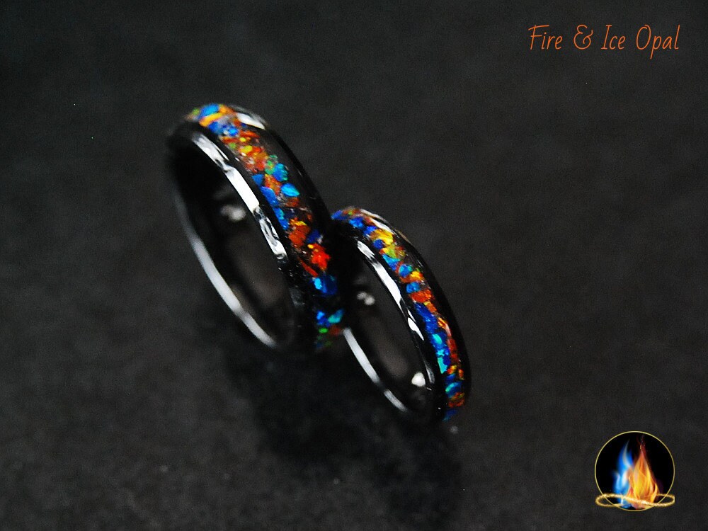 Twin Flame Ring Set Orange Fire N Ice Blue Rings on Black Ceramic Band ...