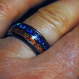 1111 Twin Flame Ring, Titanium 8mm, Fire and Ice Rings Orange Blue Opal ...