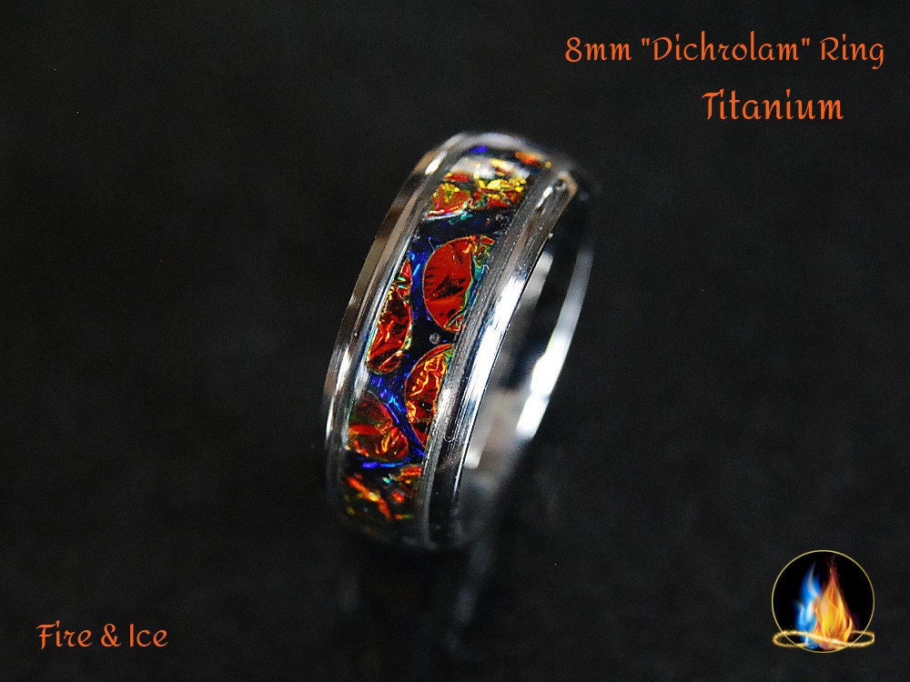 TITANIUM Dichronic Blue Ice Orange Fire Ring Inlaid With Dichrolam on ...