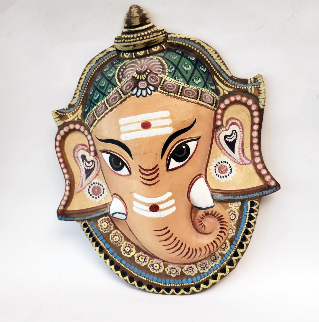 Vintage Ganesha Mask. Artisan Created and Hand Painted. Pastel Peach ...