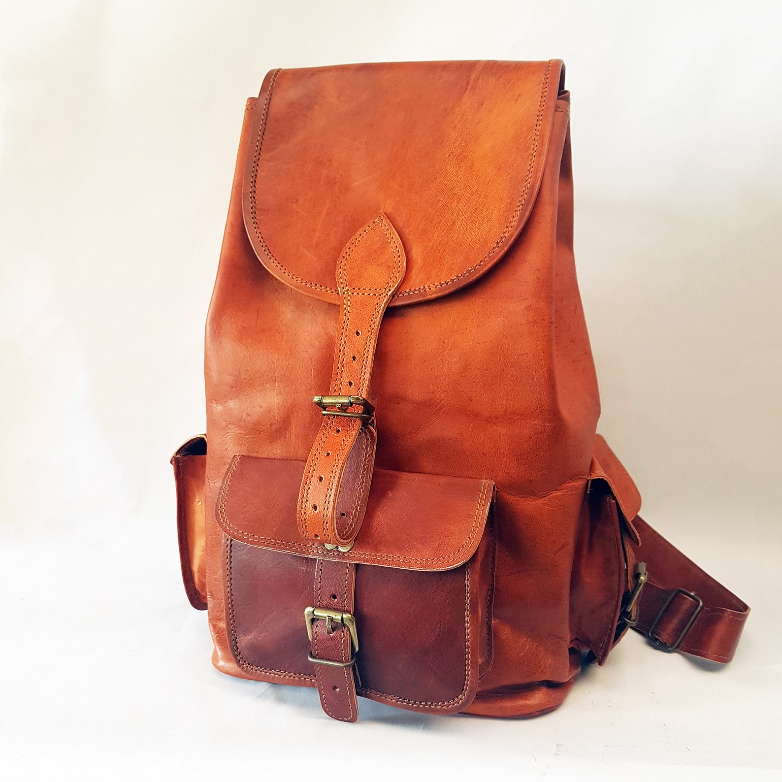 Handmade Leather Backpack With Solid Brass Buckles. Tall & Roomy for ...
