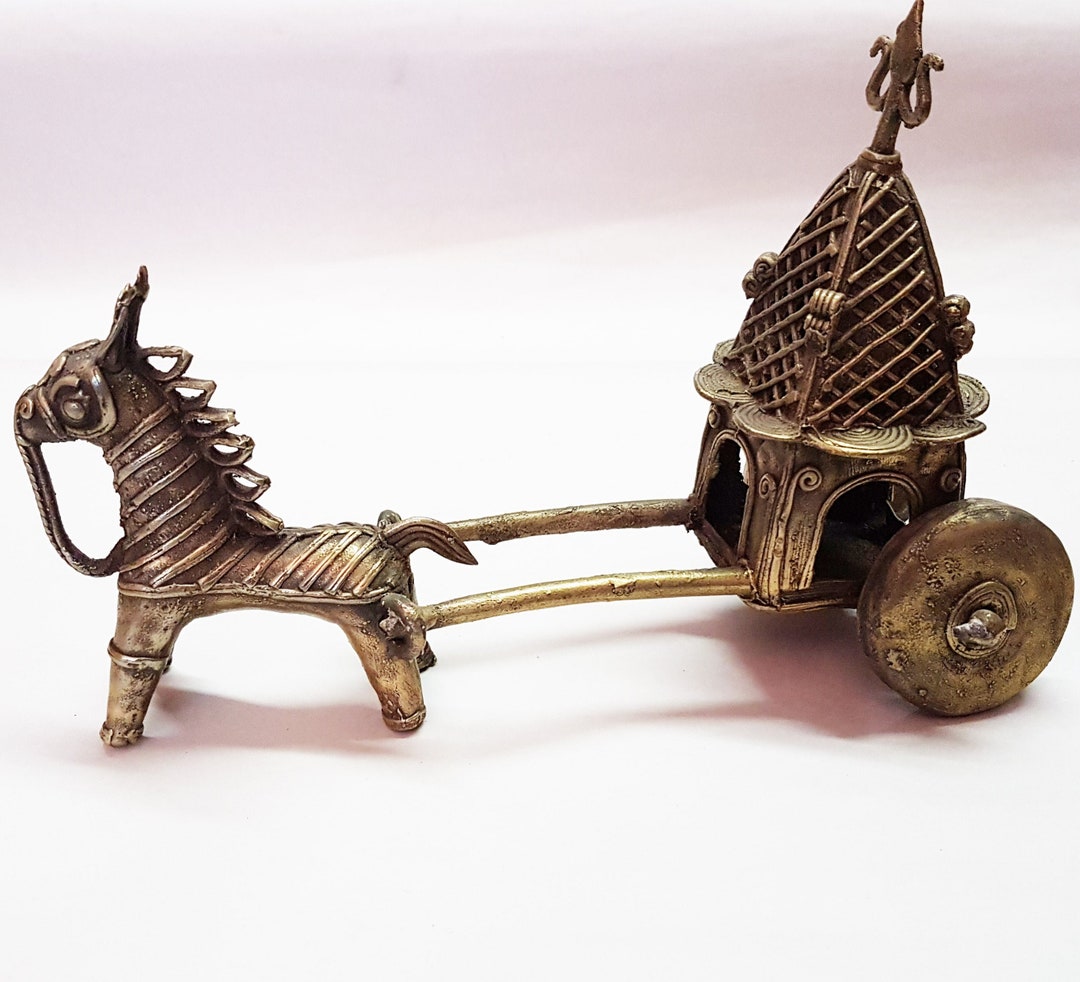Vintage Bronze Dohkra Sculpture. Mule Pulling Wheeled Chariot ...