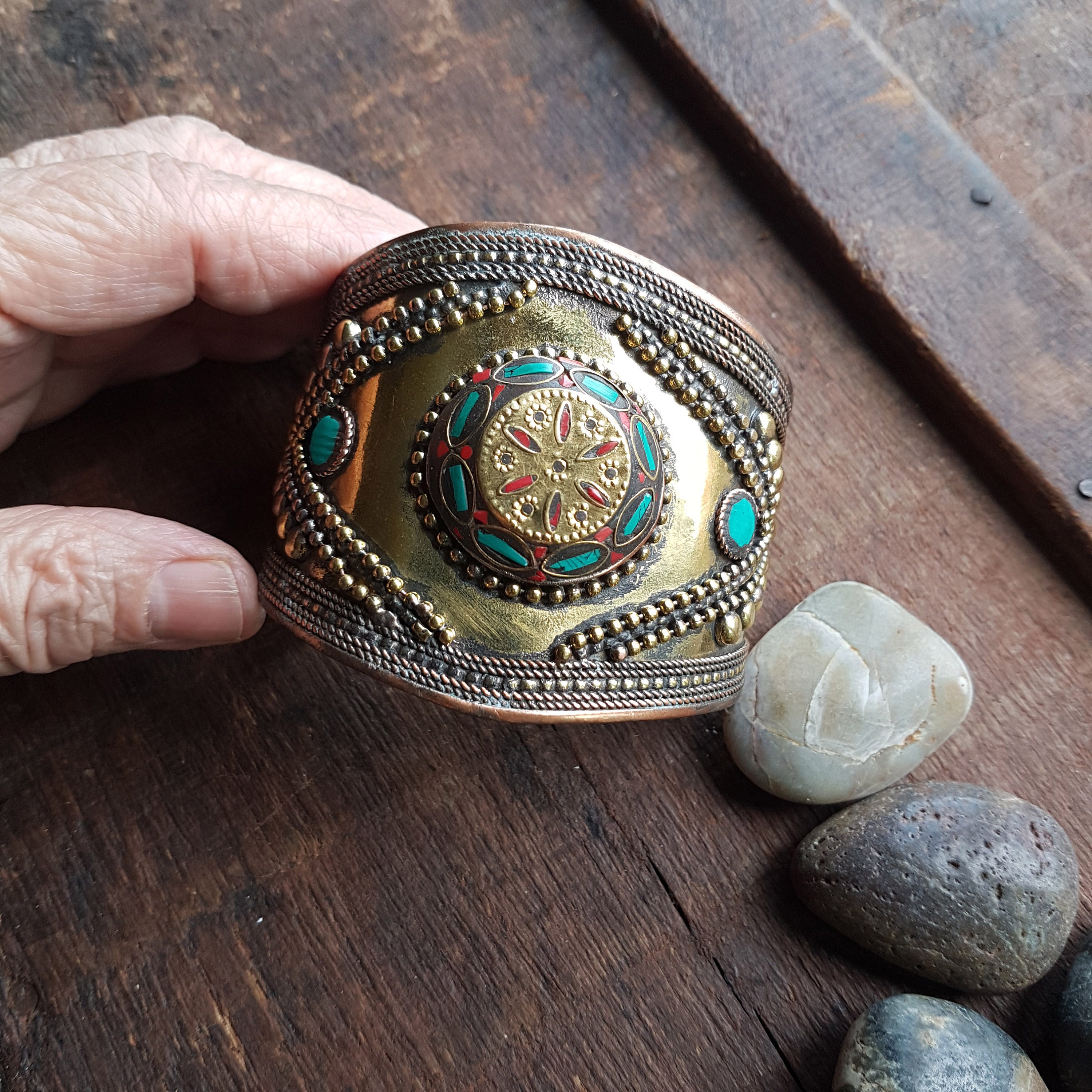 Vintage Medieval Style Bronze Cuff Bracelet. Set With Tibetan Turquoise ...