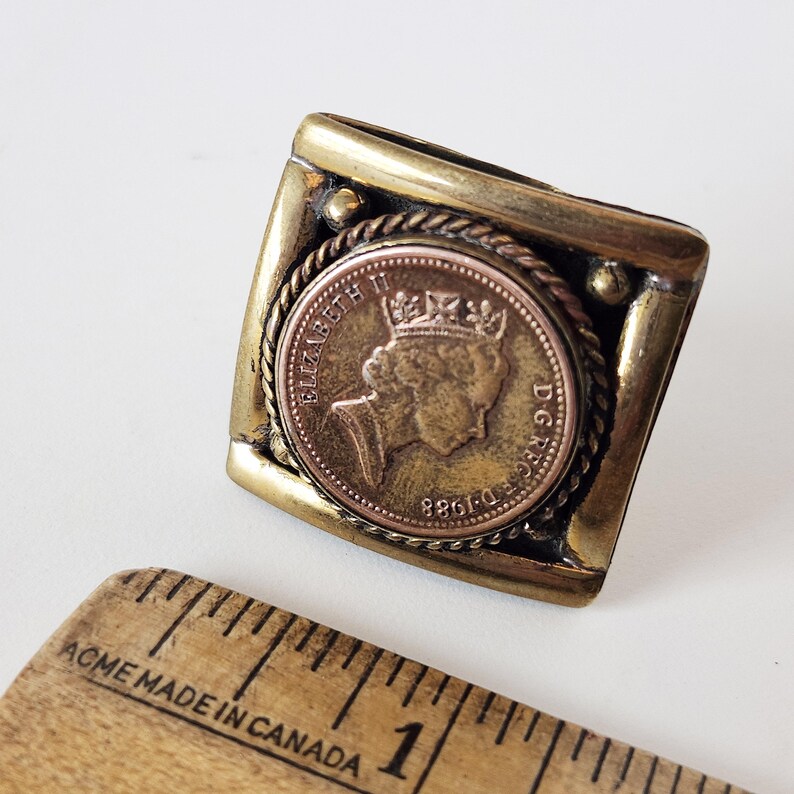 Vintage Coin Ring. Queen Elizabeth Bronze Heirloom Coinage. Square ...