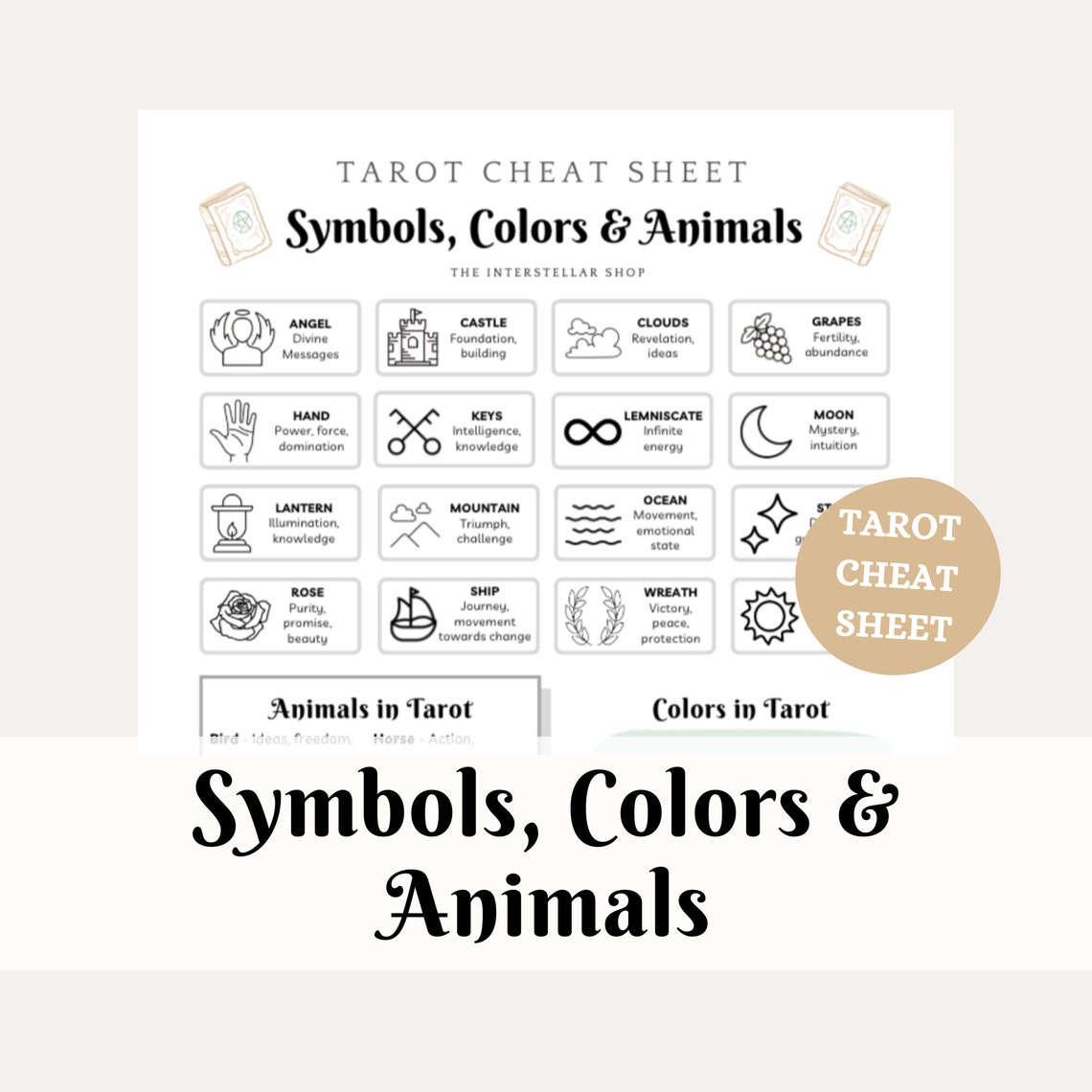 Tarot Cheat Sheet: Symbols, Colors and Animal Meanings 1 Page High ...