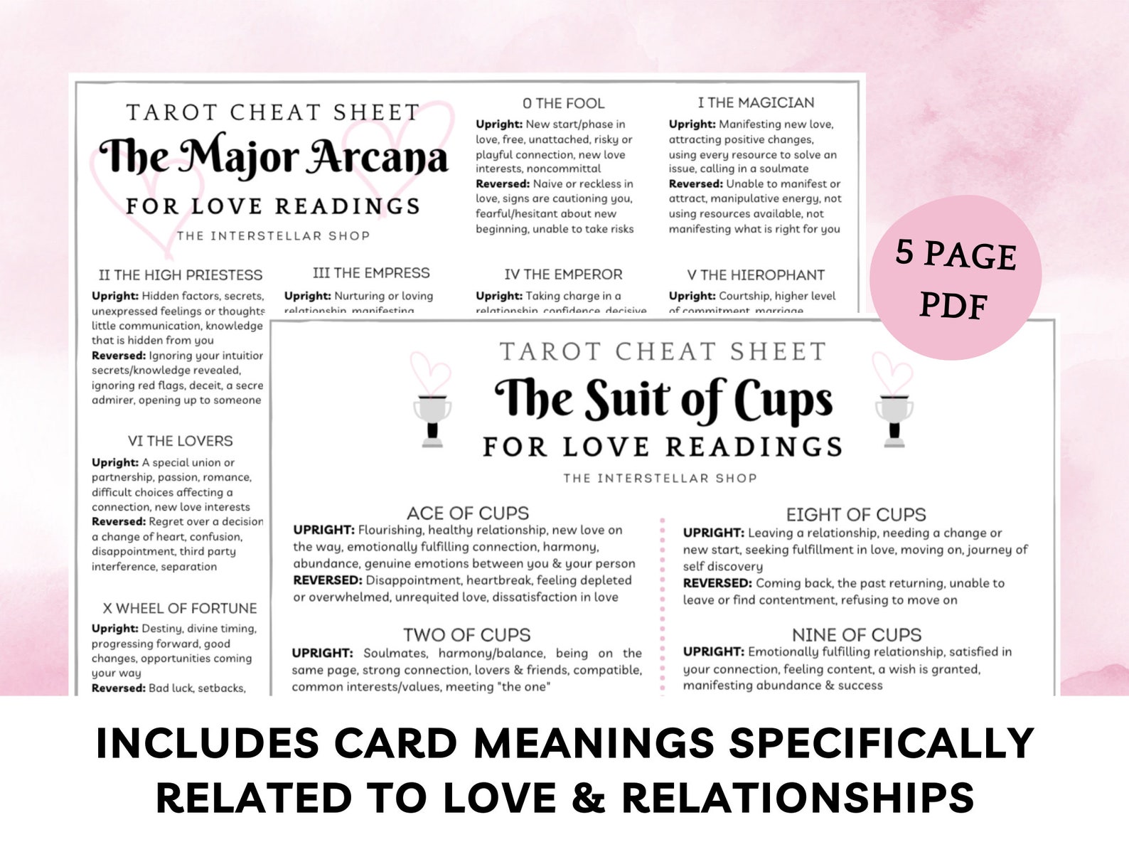 Love Tarot Cheat Sheets Interpret Tarot for Love Major and | Etsy