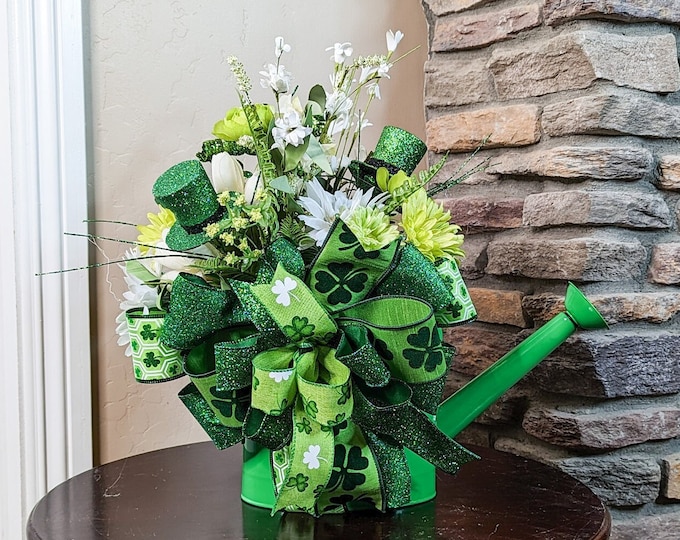 St Patricks Day Florall Watering Can Arrangement, Green and White ...
