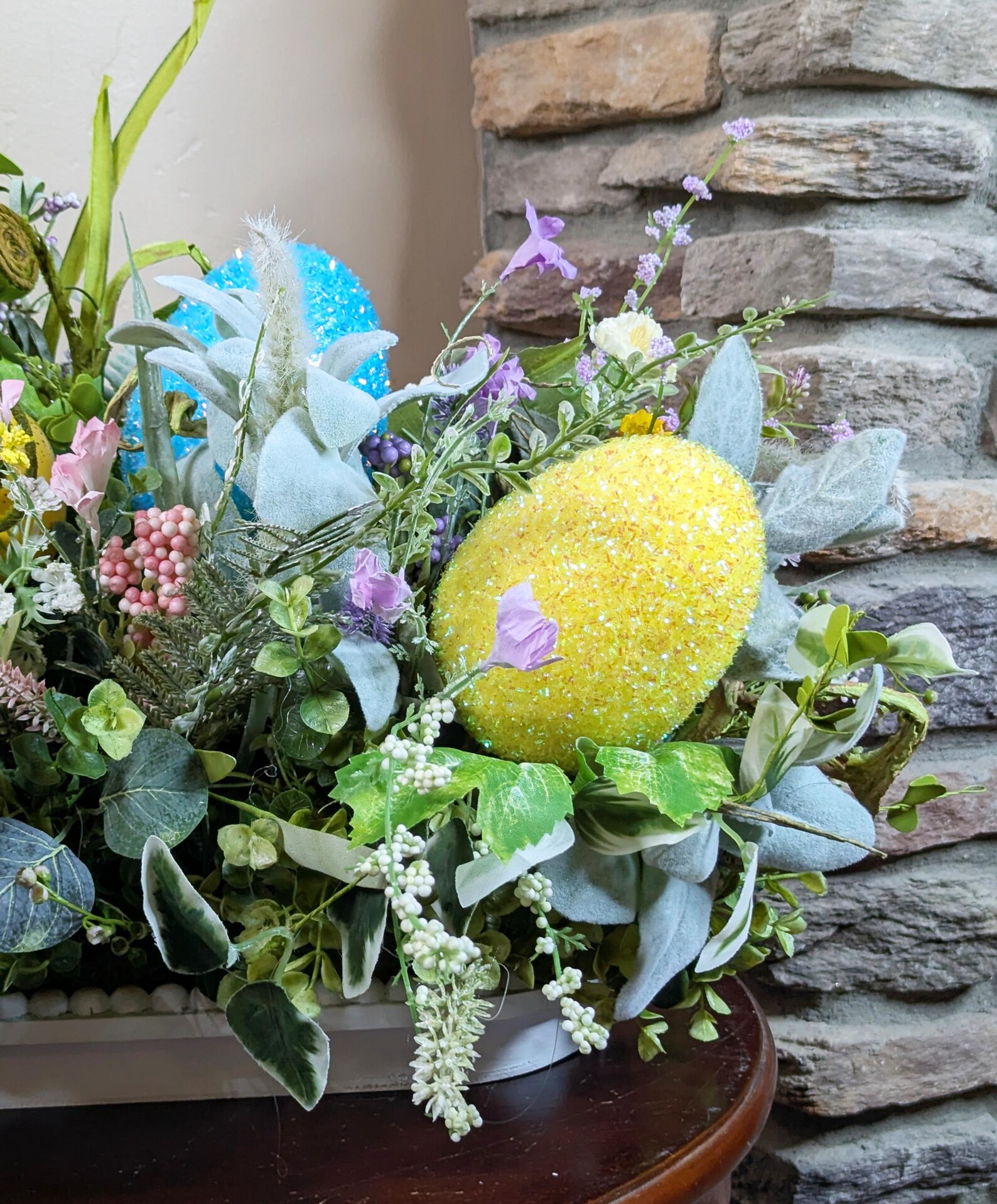 Easter Moss Bunny Centerpiece With Glitter Eggs Spring Flowers Handmade ...