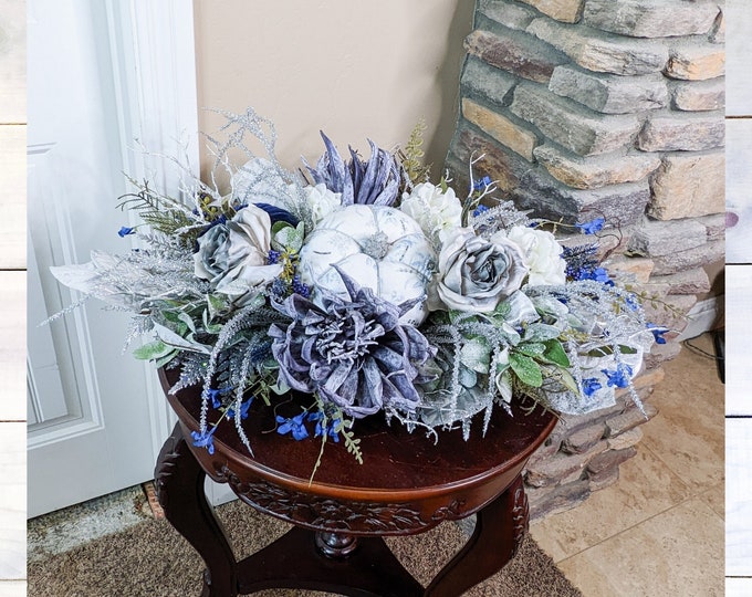 Blue and Silver Centerpiece With Decorative Fall Pumpkins Florals and ...