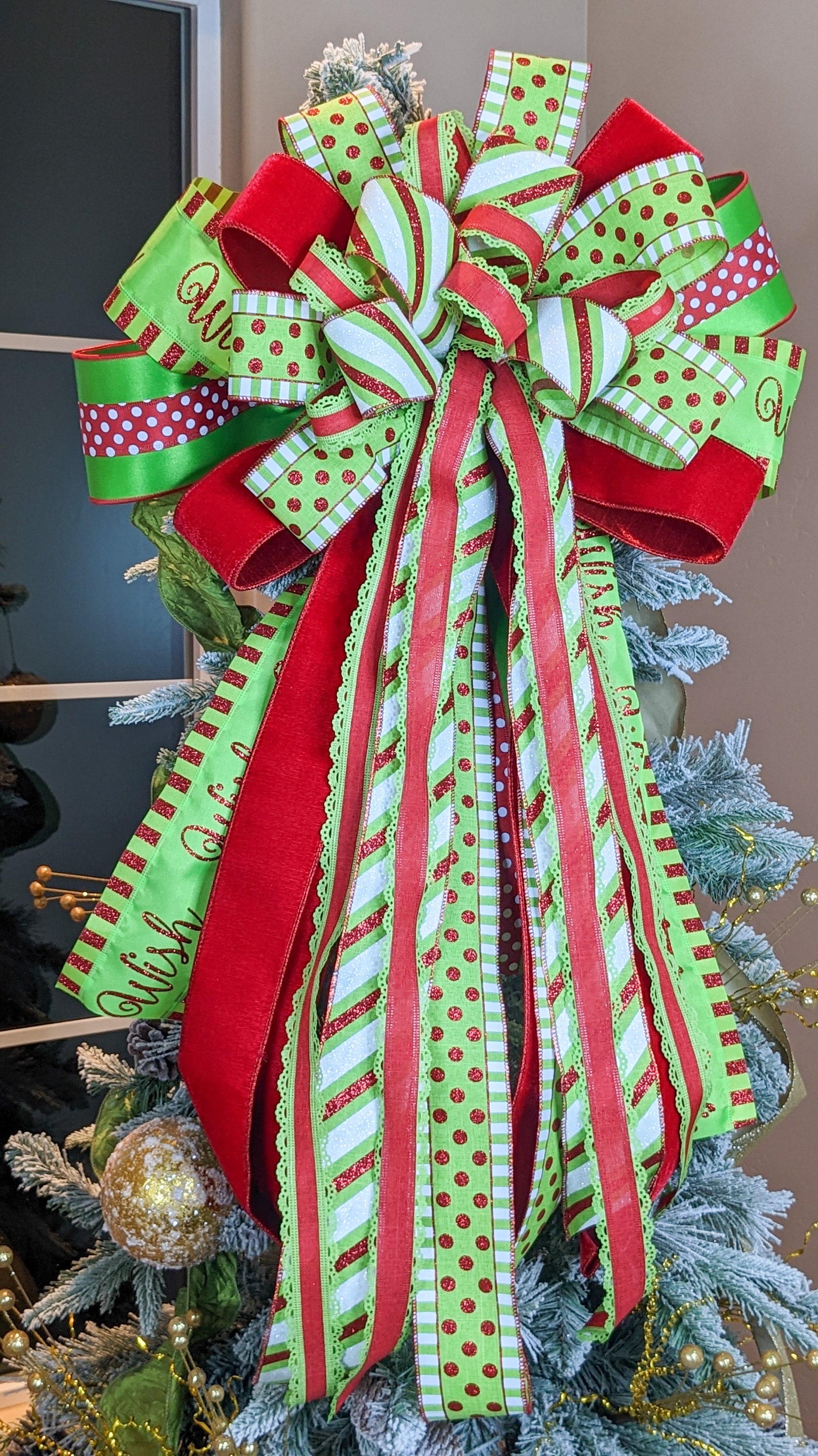 Red White & Green Tree Topper Bow, Extra Large Holiday Bow, Red White ...