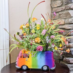 Retro 60s Hippie Van Floral Arrangement, VW Rainbow Peace Van Table ...