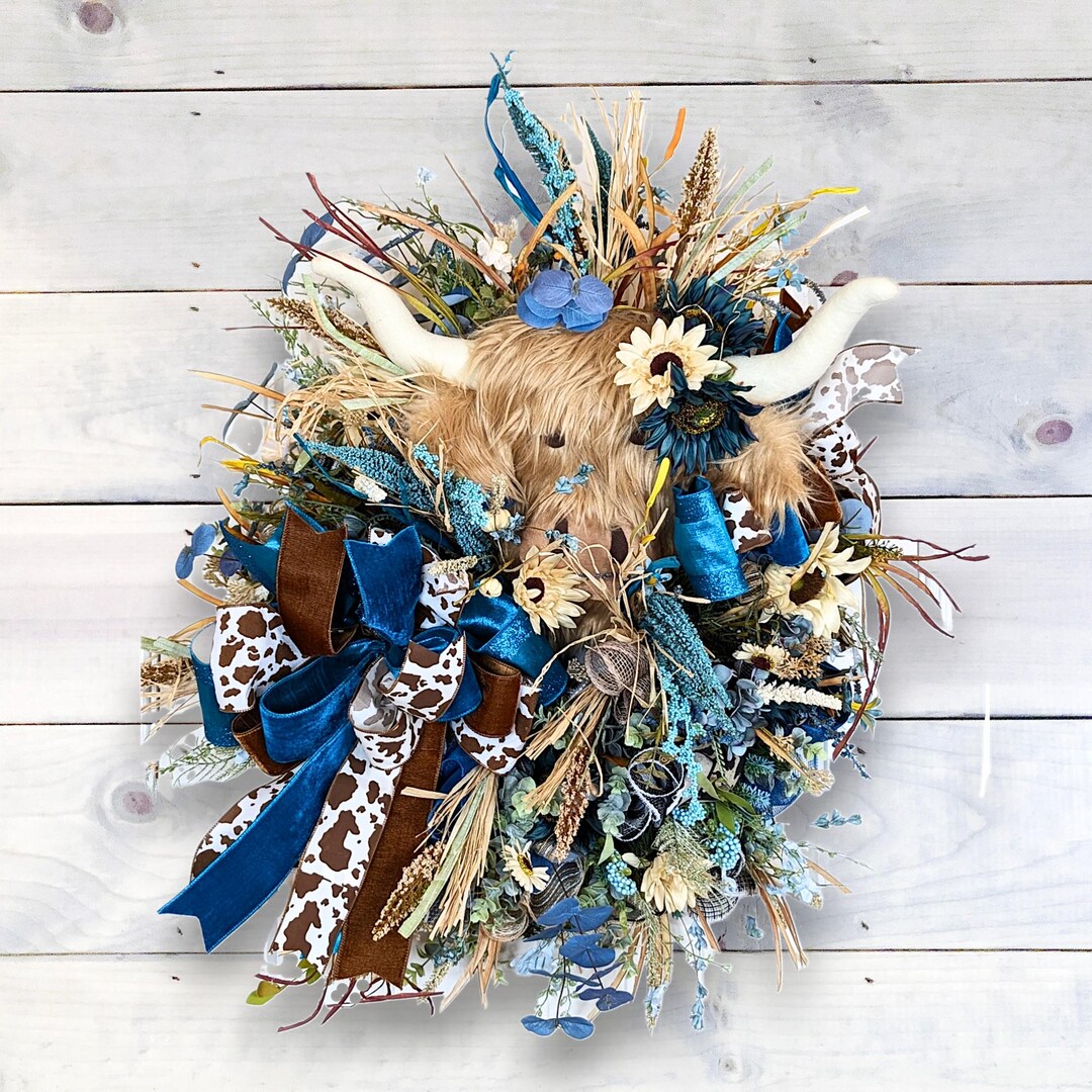 Highland Cow Fall Floral Wreath, Rustic Farmhouse Autumn Front Door ...