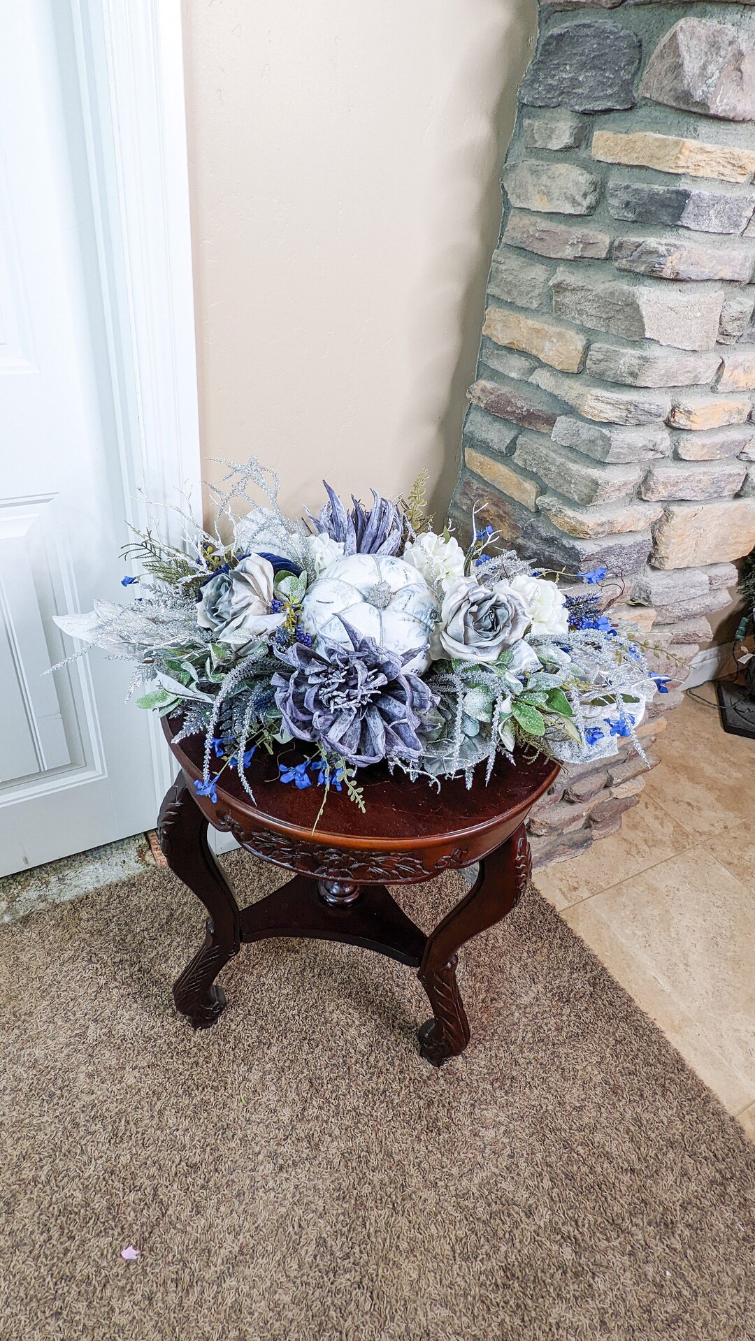Blue and Silver Centerpiece With Decorative Fall Pumpkins Florals and ...